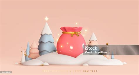 크리스마스 배경 현실적인 3d 크리스마스 트리 다채로운 겨울 풍경 눈 속의 선물 가방 새해 복 많이 받으세요 축제 추상적 인 디자인 부드러운 파스텔 색상 파란색과 분홍색