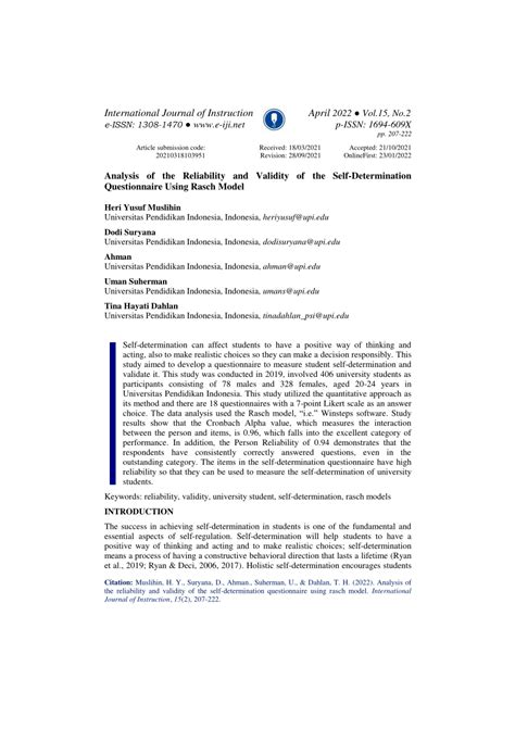 Pdf Analysis Of The Reliability And Validity Of The Self Determination Questionnaire Using