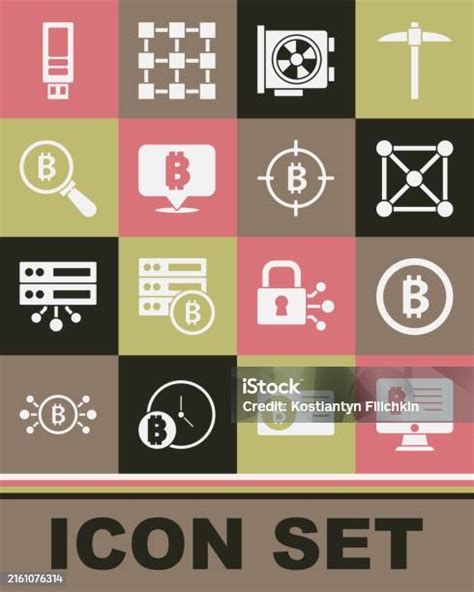 모니터 비트 코인 블록 체인 기술 비디오 그래픽 카드 돋보기 Usb 플래시 드라이브 및 대상 아이콘에서 비트 코인 채굴을 설정합니다 벡터 0명에 대한 스톡 벡터 아트 및