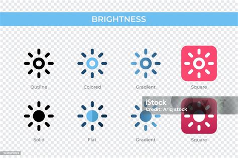 다른 스타일의 밝기 아이콘입니다 밝기 벡터 아이콘은 윤곽선 단색 색상 그라디언트 및 평면 스타일로 설계되었습니다 기호 아이콘 그림 벡터 일러스트 레이 션 0명에 대한 스톡