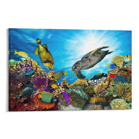 Blue Ocean Lassen Colorful Ocean Seascape Dolphin Coral Reef Poster