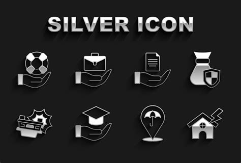 세트 교육 보조금 방패가 있는 돈 가방 집과 번개 우산 자동차 사고 계약 손 구명 부표 및 손 들고 서류 가방 아이콘 벡터 가방에 대한 스톡 벡터 아트 및 기타 이미지