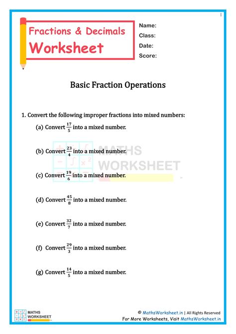 Class 7 Fractions And Decimals Worksheet Basic Fraction Operations Free Pdf Download