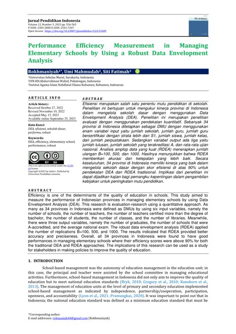 Pdf Performance Efficiency Measurement In Managing Elementary Schools