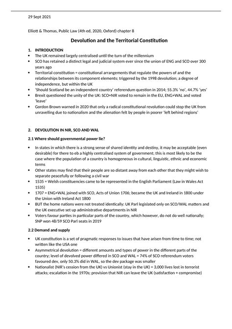 Full Notes On Chapter 8 Devolution And The Territorial Constitution Elliott And Thomas Public