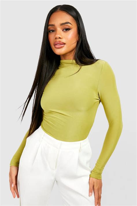 Double Layer Slinky Funnel Neck Long Sleeve Top Boohoo