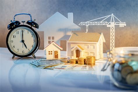 부동산 또는 부동산 개발입니다 건설 사업 투자 개념입니다 주택 담보 대출 비율입니다 시계 집과 크레인 국제 지폐에 동전 스택 모델 테이블에 부동산에 대한 스톡 사진 및 기타