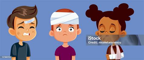 소아과 치료 벡터 일러스트 레이 션을 기다리는 부상으로 고통받는 상처받은 아이들 상처에 대한 스톡 벡터 아트 및 기타 이미지 상처 구급대원 아이 Istock