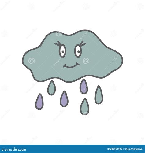 Cute Cloud Vector Illustration Hand Drawn Raincloud With Eyes And Smile And Rain Drops In