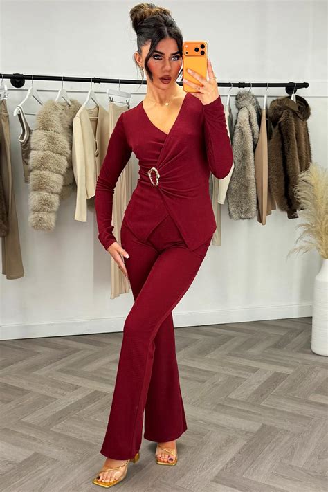 Womens Burgundy Long Sleeve Top And Trouser Co Ord Gold Buckle Zara Inspired Uk