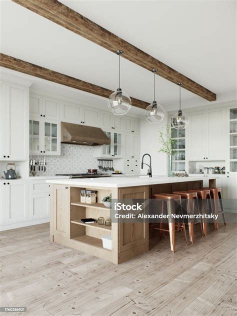 큰 섬과 주방 용품이 있는 전통적인 대형 L자형 주방 흰색 캐비닛과 나무 섬이 있는 주방 인테리어 3d 렌더링 0명에 대한 스톡 사진 및 기타 이미지 Istock