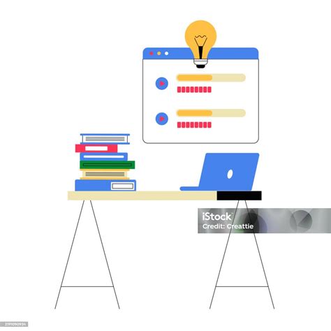 책 노트북 및 온라인 학습 인터페이스가 있는 작업 공간 교육 지식 및 창의성을 상징하는 평면 벡터 일러스트 레이 션 흰색 배경에 고립 된 0명에 대한 스톡 벡터 아트 및