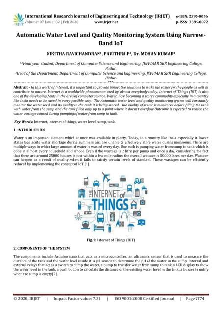 Irjet Automatic Water Level And Quality Monitoring System Using Narrow Band Iot Pdf