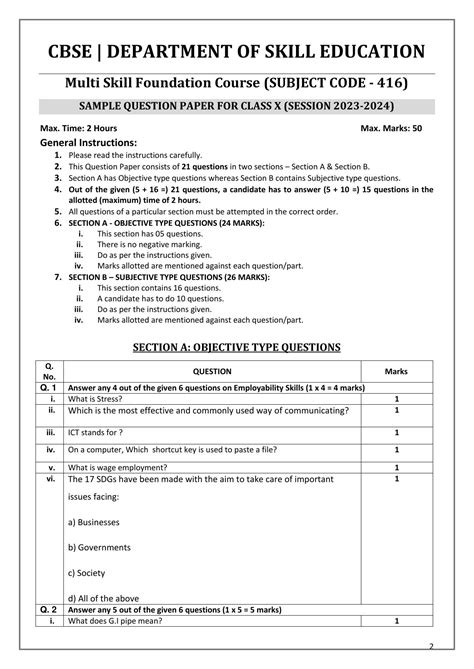 Cbse Class 10 Multi Skill Foundation Course Sample Papers 2023 2024