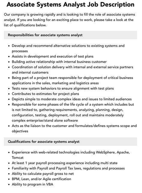 Associate Systems Analyst Job Description Velvet Jobs