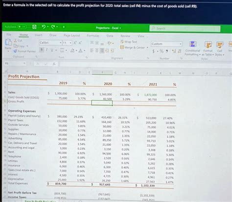 Solved Enter A Formula In The Selected Cell To Calculate The Profit