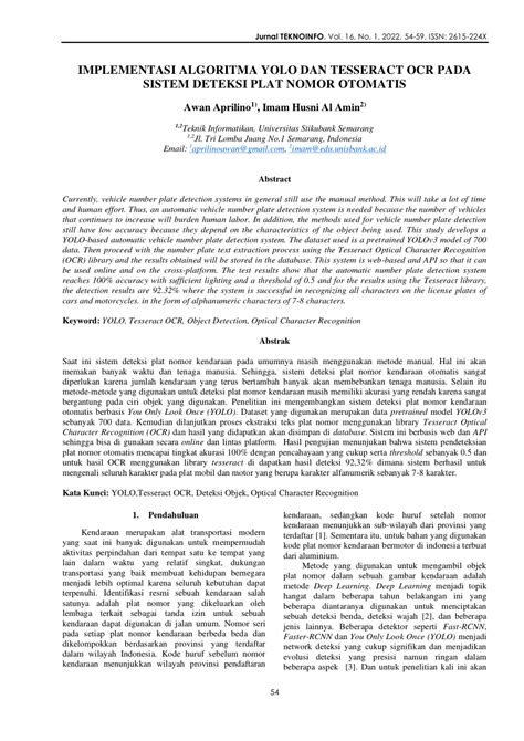 Pdf Implementasi Algoritma Yolo Dan Tesseract Ocr Pada Sistem Deteksi