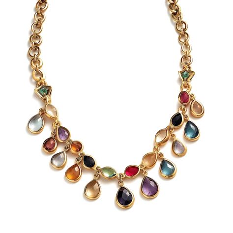 Necklace Isolated On White Background Close Up Gold And Precious Stones