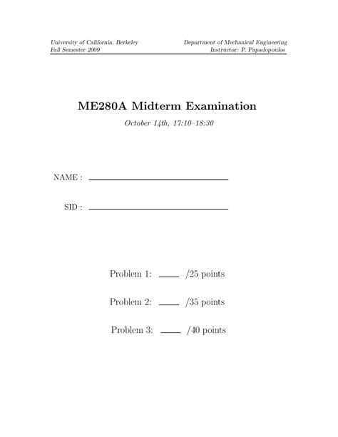 Midterm Examination Introduction To The Finite Element Method Mec Eng 280a Docsity