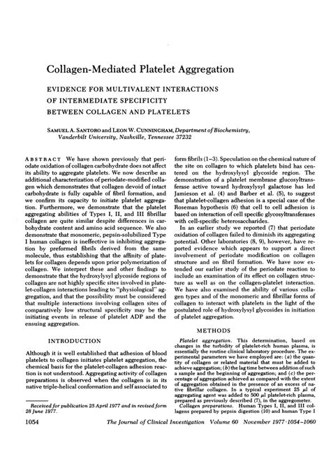Collagen Mediated Platelet Aggregation Evidence For Multivalent