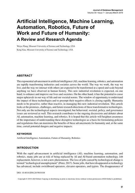 Pdf Artificial Intelligence Machine Learning Automation Robotics Future Of Work And Future