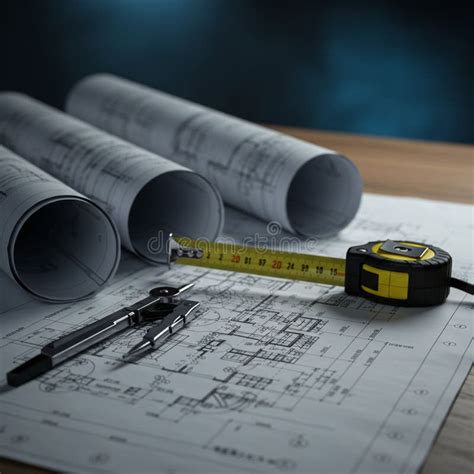 Architectural Blueprints And Drawing Tools On Wooden Workshop Table In Modern Office Stock