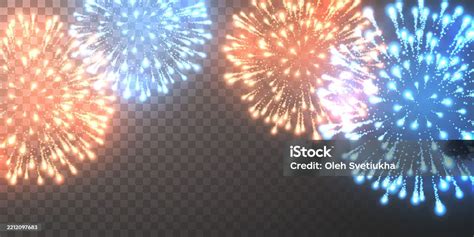 어두운 투명 배경에 빨간색 파란색 및 금색으로 다채로운 불꽃 놀이가 폭발하여 파티 축하 축제 휴일 및 새해 디자인에 적합합니다 벡터 일러스트 레이 션 금색에 대한 스톡 벡터