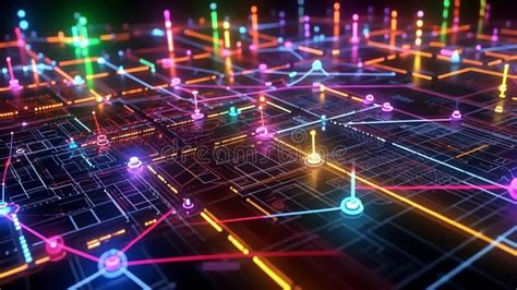 Futuristic Neon Cityscape Glowing With Colorful Lights And Connections Stock Video Video Of