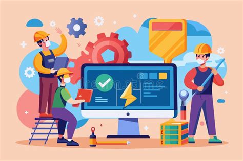 Three Workers Fix Computer Errors On A Large Screen Engaged In Their