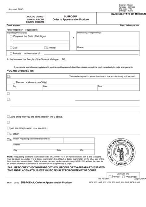 Fillable Subpoena Order To Appear Andor Produce Printable Pdf Download
