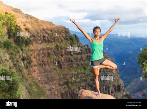 Yoga Tree Balance Pose With Open Branch Arms Woman Stock Photo Alamy