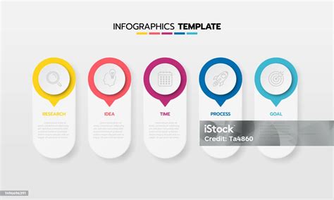 비즈니스 인포그래픽 템플릿 프로세스에는 간단한 기하학 정사각형 직사각형 원형 삼각형 가는 선 아이콘과 5개의 옵션 또는 단계가 있는 평면 디자인 템플릿의 곡선이 있습니다