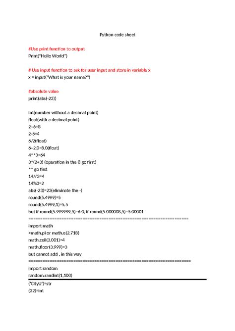 Quick Note For Python Python Code Sheet Use Print Function To Output