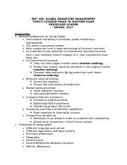 Midterm Review Sheet Docx MKT GLOBAL MARKETING MANAGEMENT TOPICS COVERED PRIOR TO MIDTERM