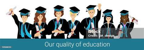 행복한 대학원생과 졸업장이 있는 배너 대학원 캡의 다국적 인물 7명 캠퍼스에서 의식 대학 축하 친구 4 여성과 3 남자 손으로 그린 일러스트 졸업식에 대한 스톡 벡터 아트