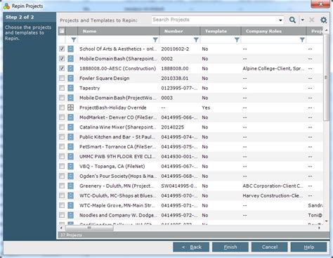 Repin Projects Dialog Box Newforma Project Center Help
