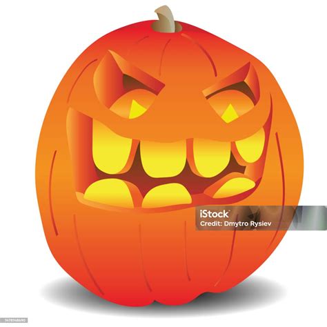 아름다운 미소와 불 같은 빛을 지닌 큰 호박 흰색 배경에 벡터 격리 된 그림입니다 전통 장식 할로윈 축 하 기호 10월에 대한 스톡 벡터 아트 및 기타 이미지 Istock