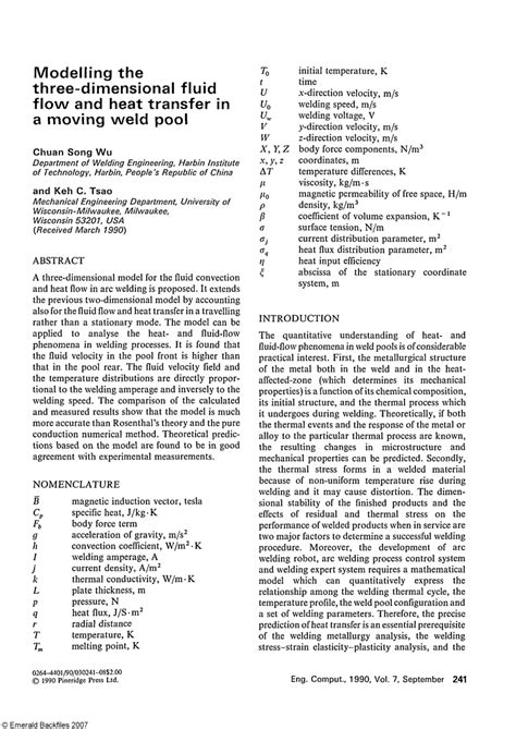 Pdf Modelling The Three Dimensional Fluid Flow And Heat Transfer In A Moving Weld Pool