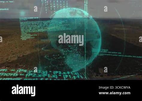 On Start Holographic Wireframe Globe Emerging Rotating East With Orbiting Code Streams Syncing