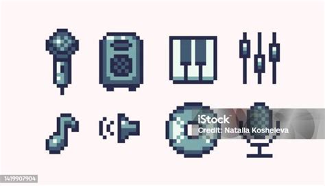 음악 오디오 픽셀 아트 세트 라우드 스피커 마이크 Cd 및 피아노 컬렉션 브로드캐스트 아이콘입니다 8 비트 스프라이트 모자이크 처리에 대한 스톡 벡터 아트 및 기타 이미지
