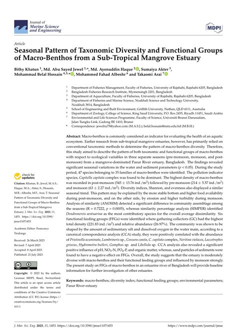 Pdf Seasonal Pattern Of Taxonomic Diversity And Functional Groups Of Macro Benthos From A Sub