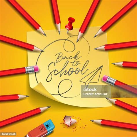 흑연 연필 지우개 노란 배경에 스티커 메모와 학교 디자인 돌아가기 벡터 일러스트 레이 션으로 게시 빨간 핀과 손 인사 카드 배너 전단지 초대장 브로셔 또는 홍보 포스터에 대