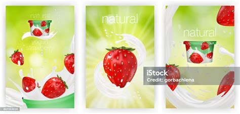 우유 광고 또는 3d 딸기 요구르트 맛 프로 모션 설정합니다 녹색 자연 배경에 고립 된 과일 우유 스플래시 인스턴트 오트밀 광고