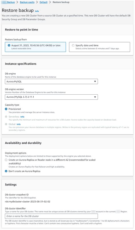 将数据库集群还原到指定时间 Amazon Aurora