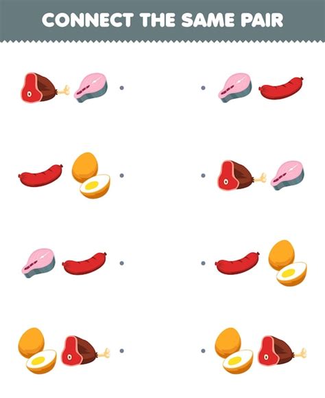 어린이를 위한 교육 게임은 귀여운 만화 쇠고기 연어 달걀과 소시지 쌍 인쇄 가능한 음식 워크시트의 동일한 그림을 연결합니다