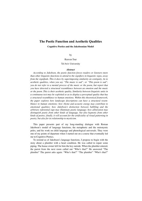 Pdf The Poetic Function And Aesthetic Qualities Cognitive Poetics And The Jakobsonian Model