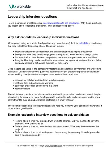 Leadership Interview Questions Pdf Leadership Motivational