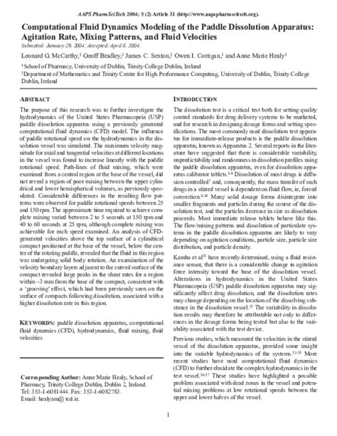 Pdf Computational Fluid Dynamics Modeling Of The Paddle Dissolution Apparatus Agitation Rate