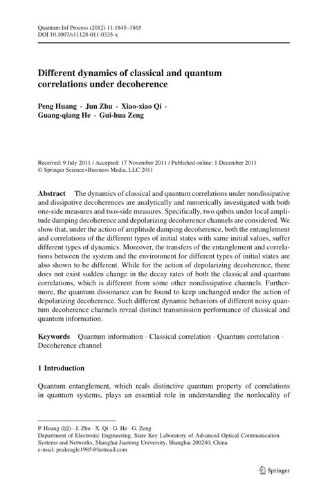 Pdf Different Dynamics Of Classical And Quantum Correlations Under Decoherence