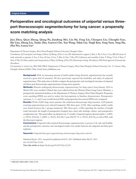 Pdf Perioperative And Oncological Outcomes Of Uniportal Versus Three